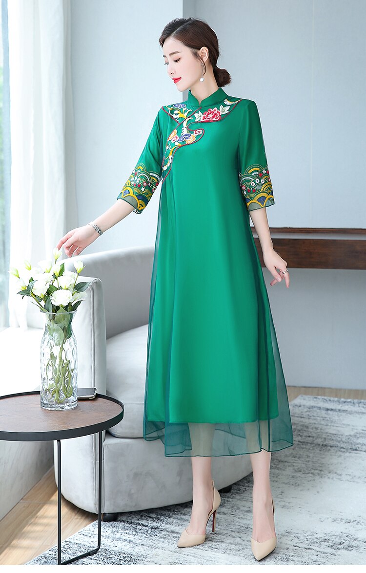 Ao Dai qipao women embroidery silk Cheongsam dress – Grandado