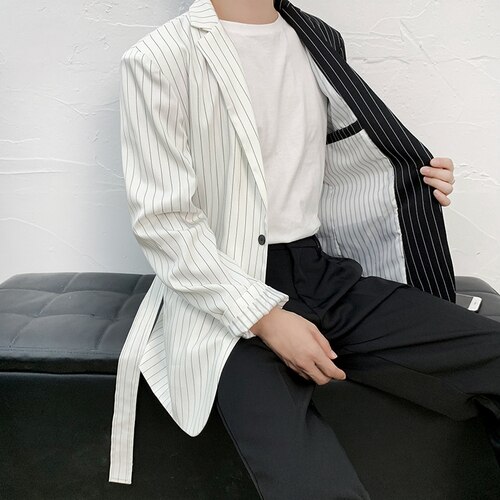 Mannen Half Zwart Half Wit Notch Revers Gestreepte... – Grandado