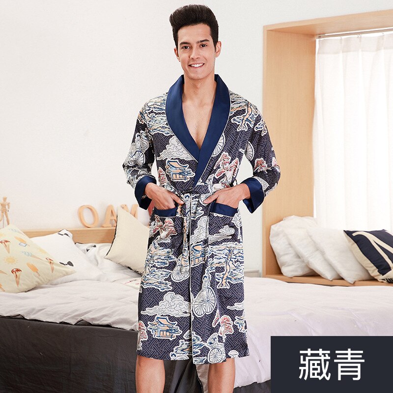 Men Silk Summer and Autumn Print Satin Kimono Bath... – Grandado