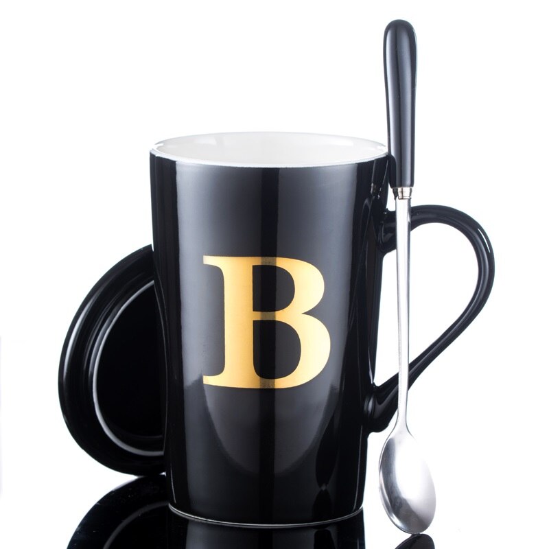 surname letters ceramic mug with lid Spoon Office ... – Grandado