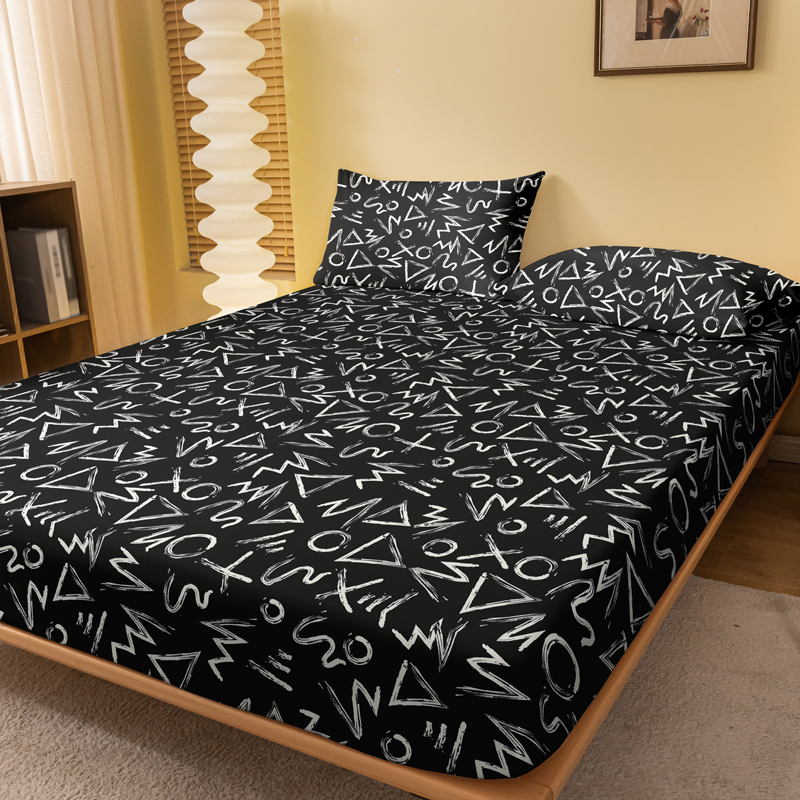1 black background matte bed sheet with random pat... – Grandado