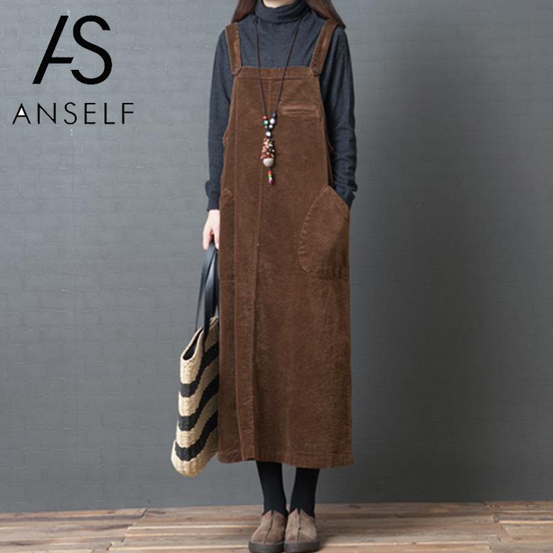 ANSELF Cord Vintage Kleid Tasche Lässig Gurt Midi ... – Vicedeal