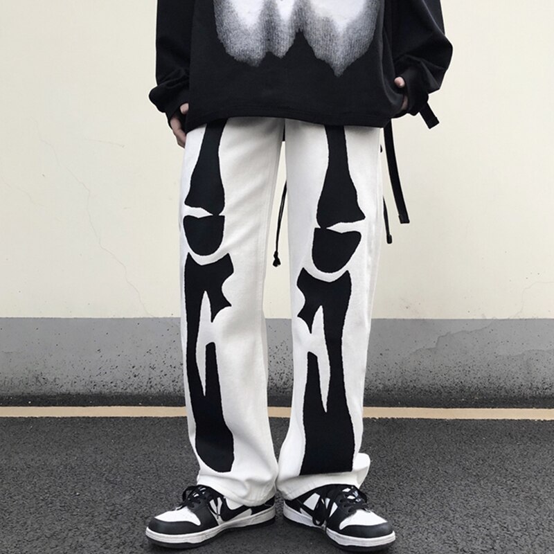 Aesthetic Grunge Jeans Men Skeleton Print Straight... – Grandado