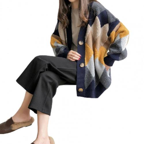 Women Sweaters Cardigan Coat Rhombus Pattern Long ... – Grandado