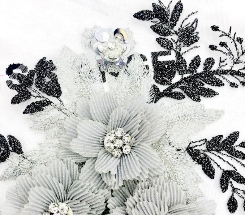 Beaded 3D Silver Flower Embroiderey Neckline Lace ... – Grandado