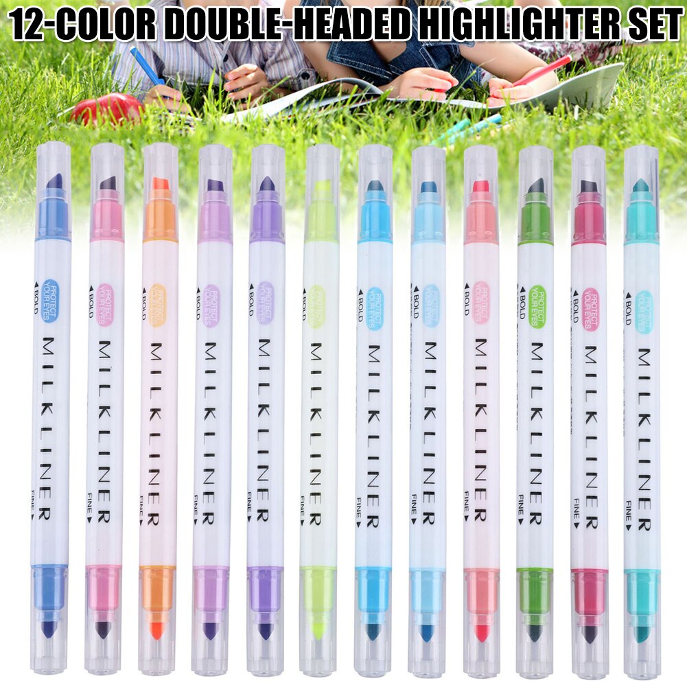 12 Assorted Color Highlighter Pen Double Sided End... – Grandado