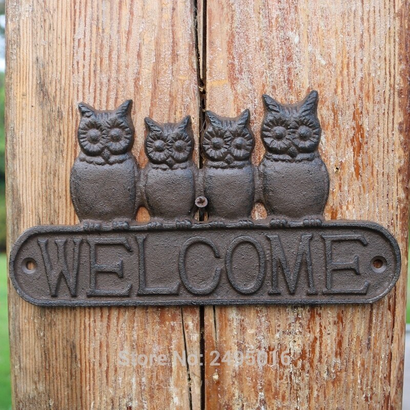 Cast Iron Antique Style four owls WELCOME Plaque G... – Grandado