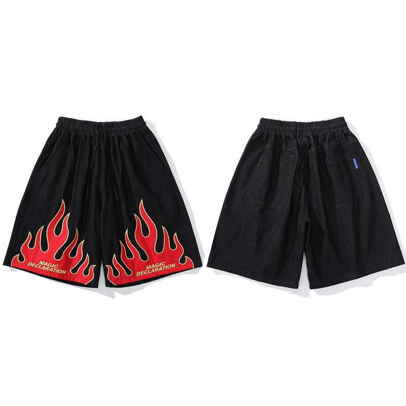 Fire Embroidery Denim Shorts Men Elastic Waist Hip... – Vicedeal