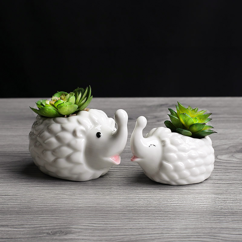 Set of 2 Cute Hedgehog Ceramic Flower Pot with Tra... – Grandado