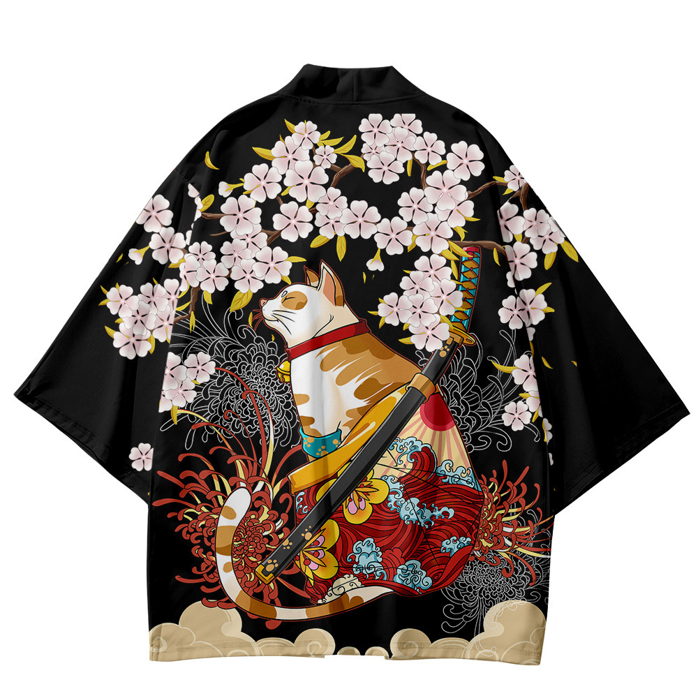 Japanese Cat Print Haori Kimonos Yukata Samurai Me... – Grandado
