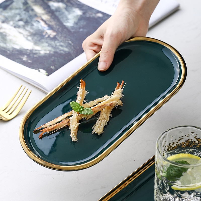 Nordic Green Gold Rim Ceramic Oval Plate Western D... – Grandado