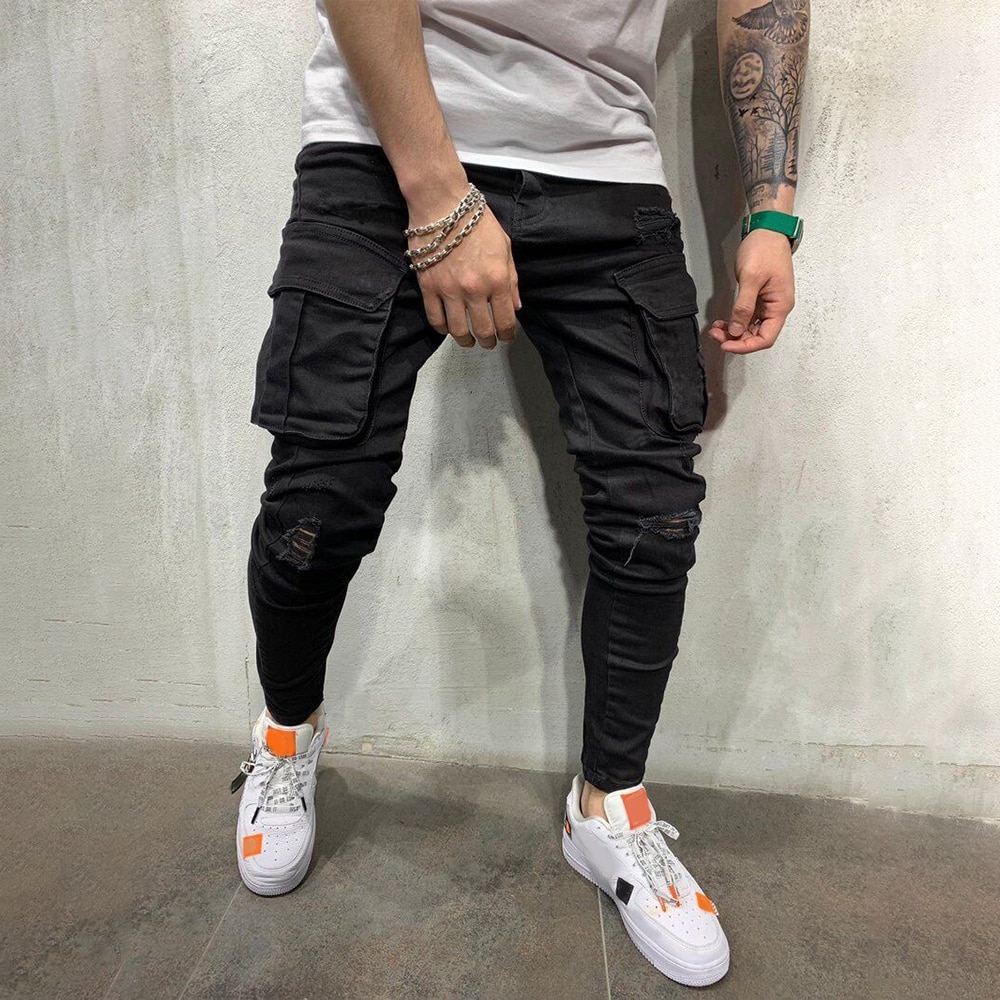 Jeans Men Cargo Pants Black Jeans Skinny Ripped De... – Vicedeal