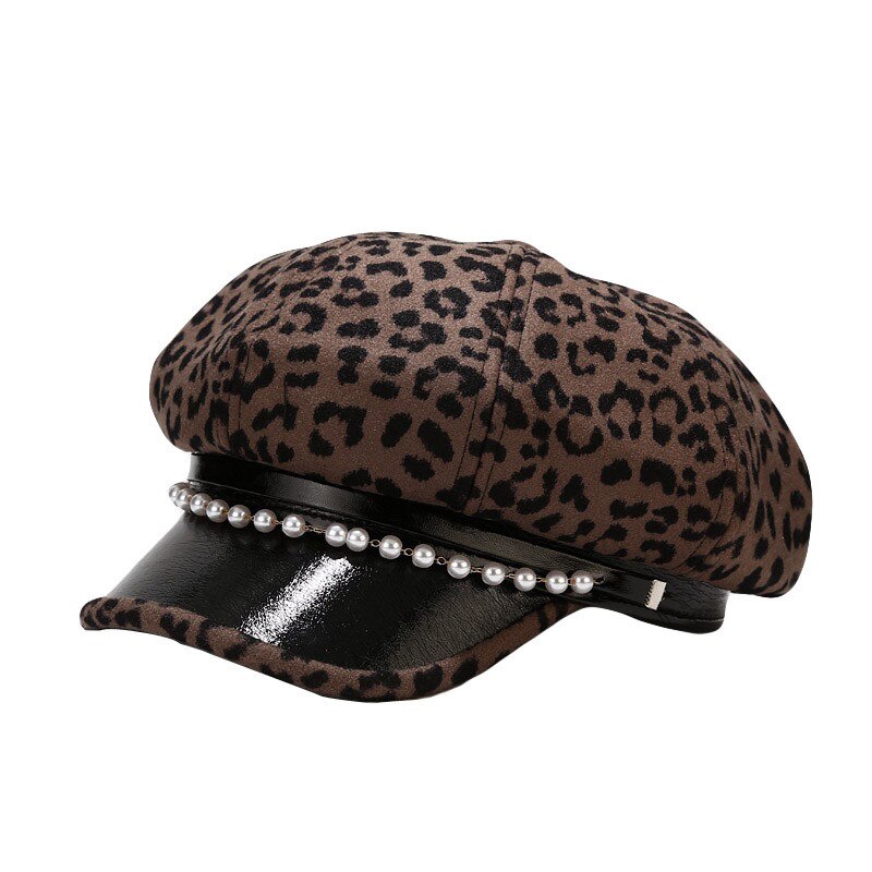 Women Female Leopard Hat Woolen Beret Pearls Peake... – Vicedeal