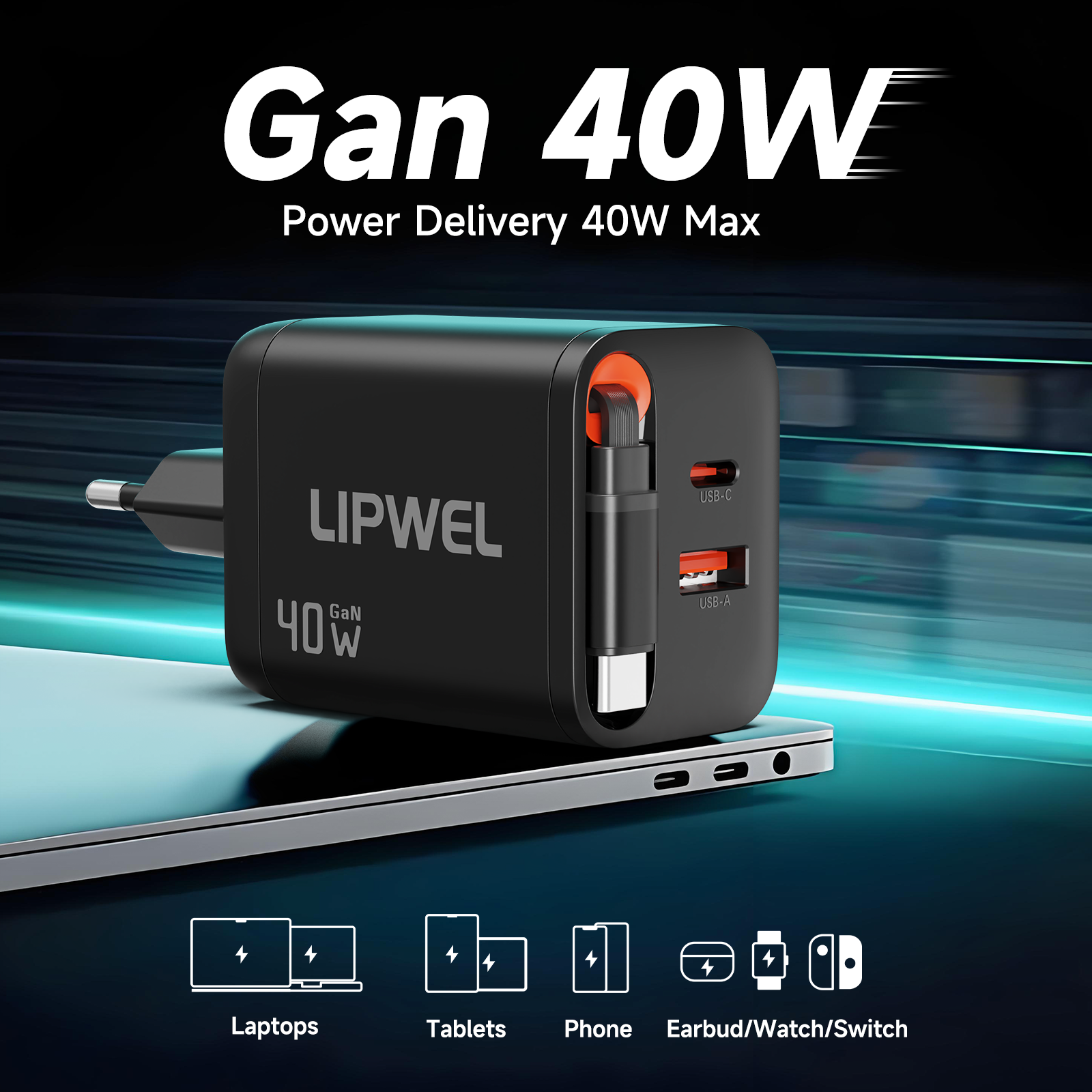EU 40W Fast Charging Charger with Retractable USB-... – Grandado
