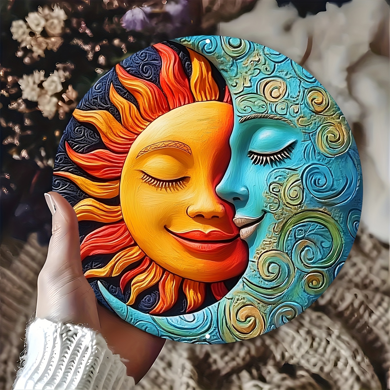2D Flat Round Wooden Sign Sun And Moon Garden Deco... – Grandado