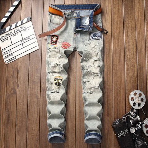 Raka jeans män streetwear förstörda riven punk hip... – Vicedeal