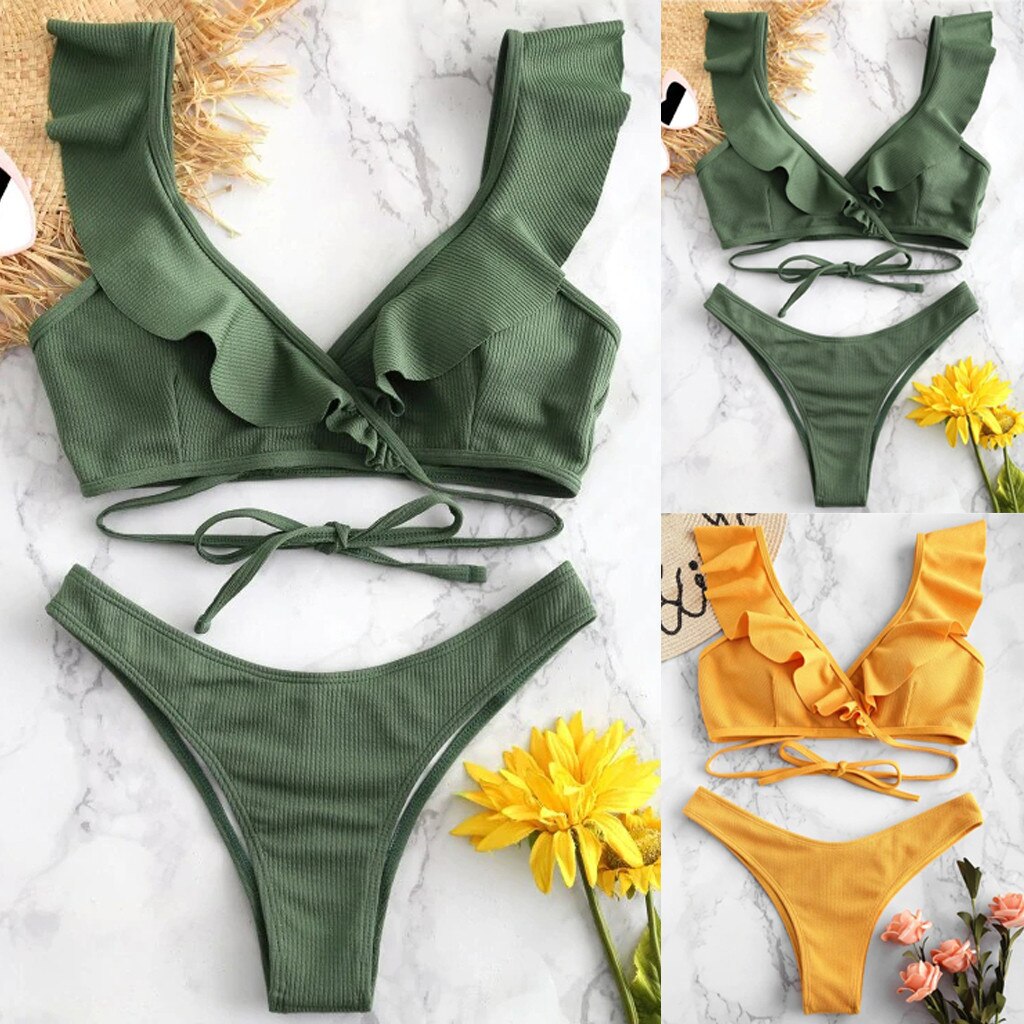 Women Bikini Set Ruffled Padded Swimwear High Wais Vicedeal