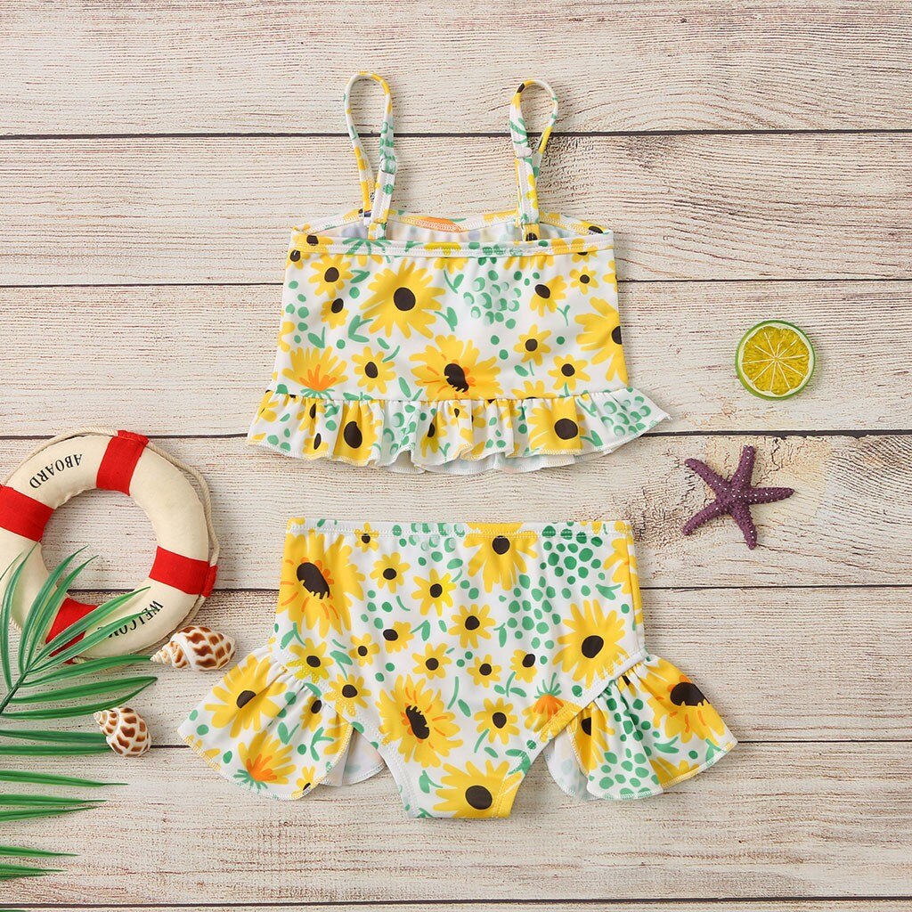 Baby Kids Girls Ruffle Sunflower Print Straps Swim... – Vicedeal