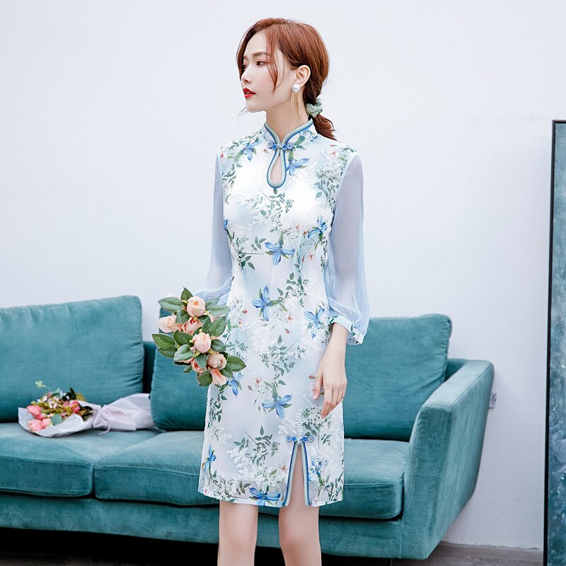Chinese Three-Quarter Sleeve Light Blue Qipao Cheo... – Grandado