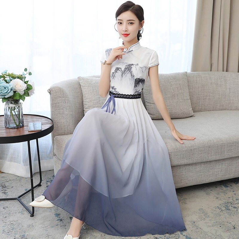 Ao Dai Summer Floral Vietnam Dress For Women Cheon... – Grandado