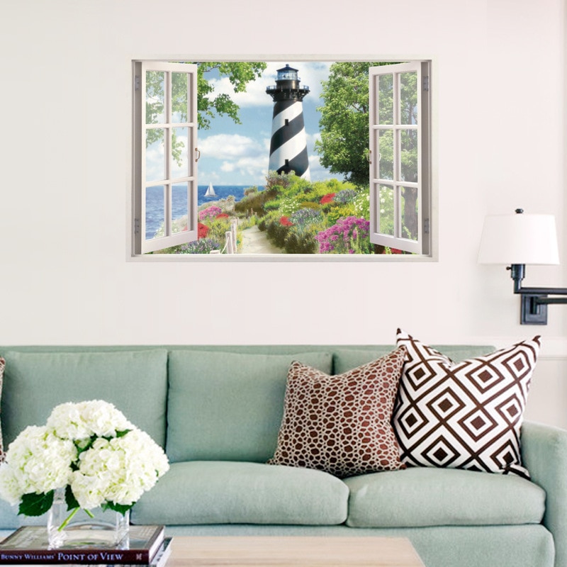 Lighthouse 3D Window View Wall Stickers for Sofa A... – Grandado