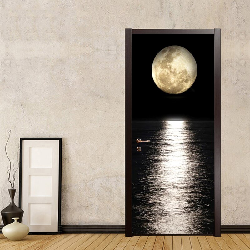 PVC Door Sticker 3D Night Moon Sea Level View Door... – Grandado