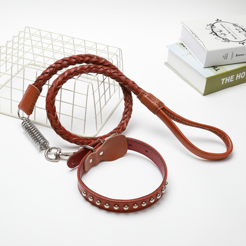 Pet dog collar leather traction rope large dog Gol... – Grandado