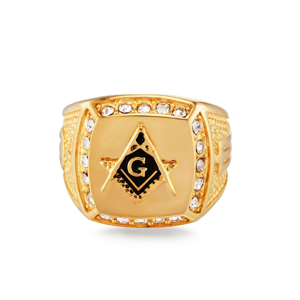 Gold Stainless Steel Men's Crystal Masonic Ring Me... – Vicedeal