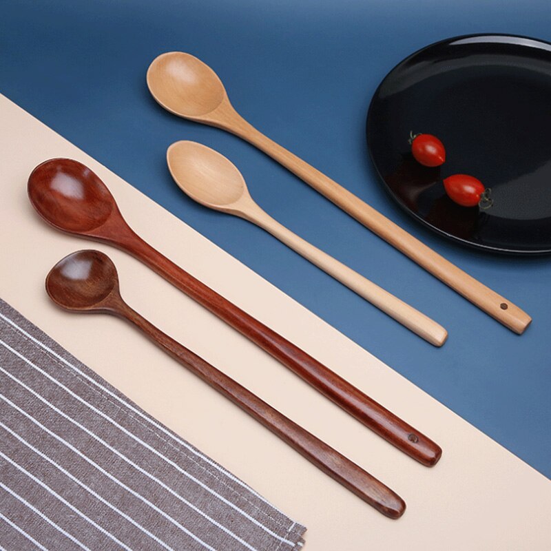 Wooden Long Handle Spoon Round Natural Solid Wood ... – Vicedeal