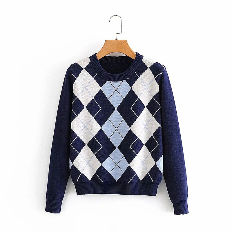 England Style Argyle Geometric Knitted Sweater Wom... – Grandado
