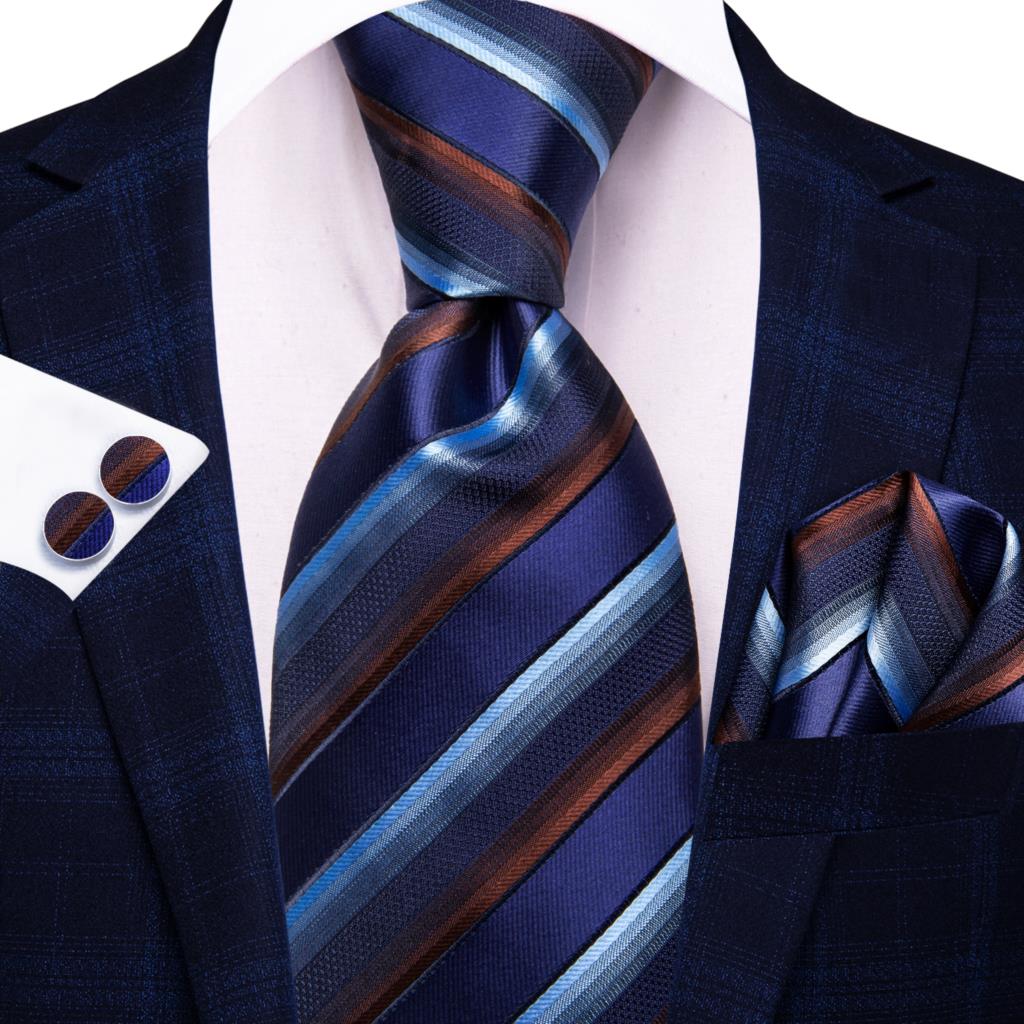 Hi-Tie Marineblauw Bloemen Gestreepte Zijden Elega... – Grandado