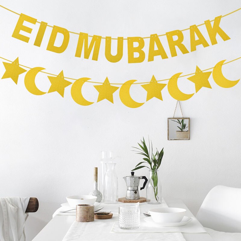 Eid Mubarak Banner Decoration Golden Letter Garlan... – Grandado