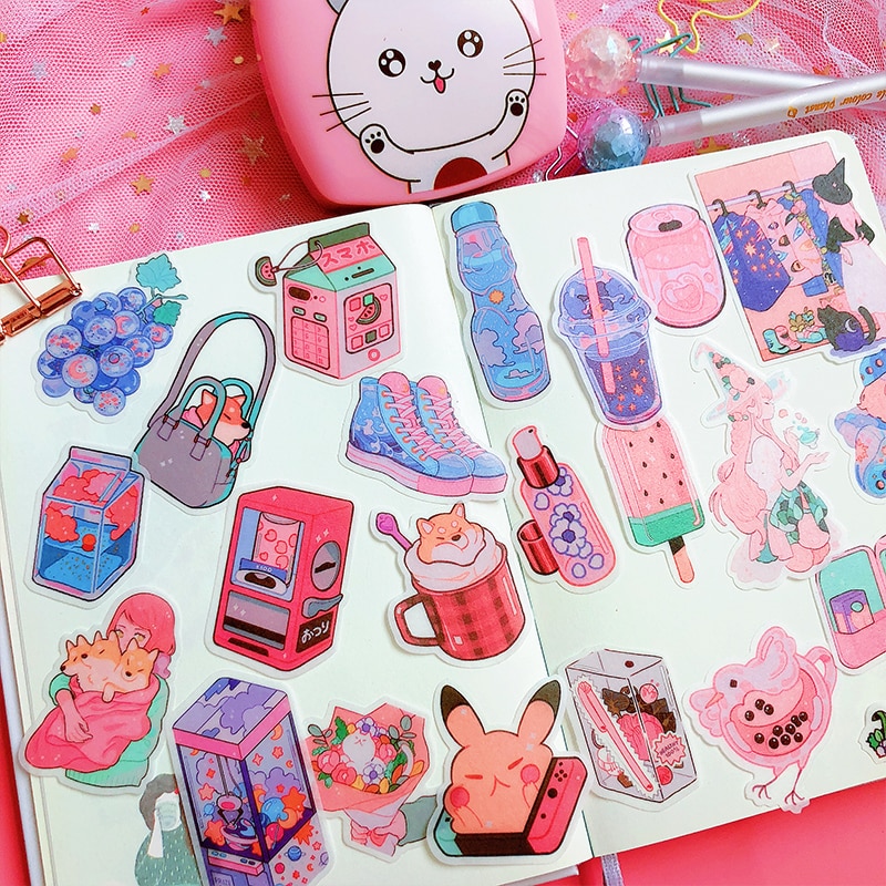 Pink cartoon girl snack cold drink Sticker DIY Scr... – Grandado