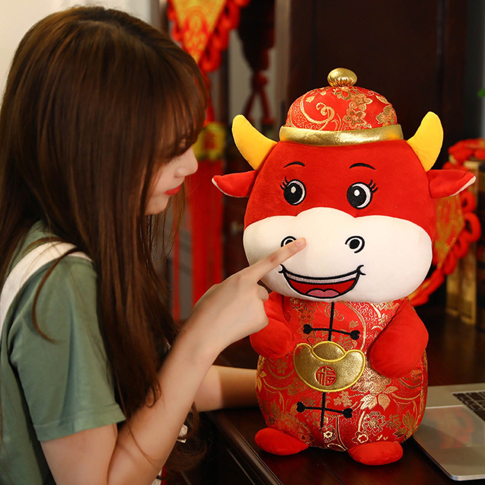 Chinese Year Cute Dress Mascot Plush Red Cow in Ta... – Grandado