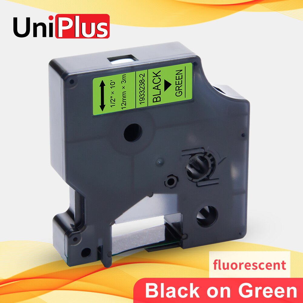 UniPlus 12mm D1 Label Tape Black on Fluorescent Gr... – Grandado