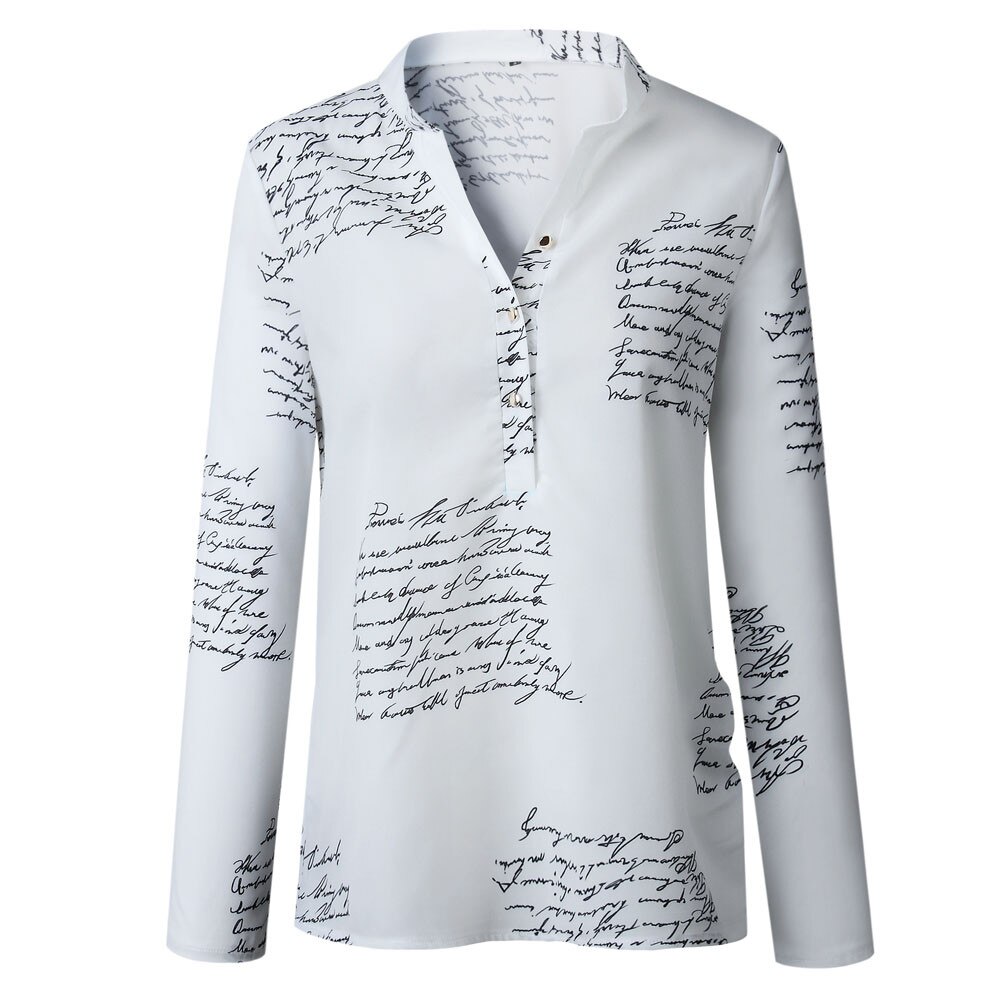 40# Women V Neck Letters Printing Button Blouses L... – Grandado