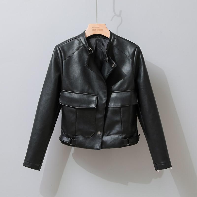 Autumn Spring Pu Leather Jacket Women Mandarin Col... – Grandado