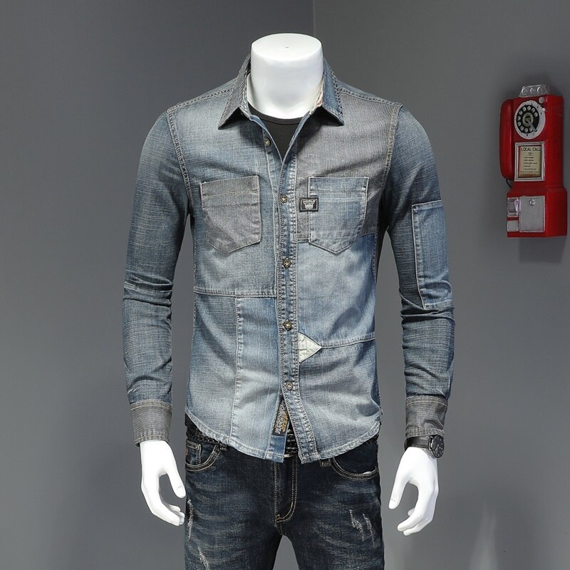 Mouw Denim Shirt Lange Mannen Casual Sociale Slim ... – Grandado