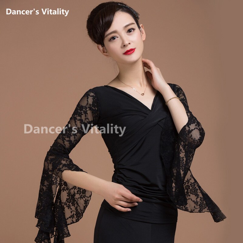 , Black lace ruffle Latin dance top for women/fema... – Grandado