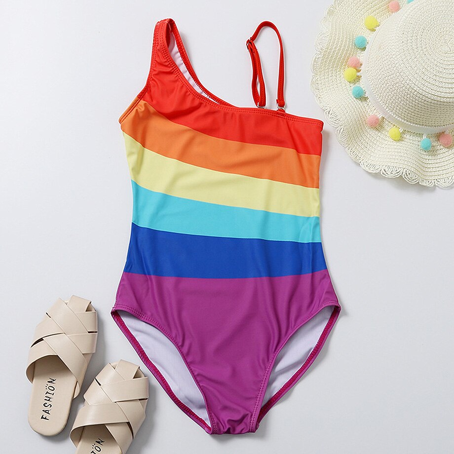Rainbow Color Girl Swimsuit Teenage Girl One Piece... – Vicedeal