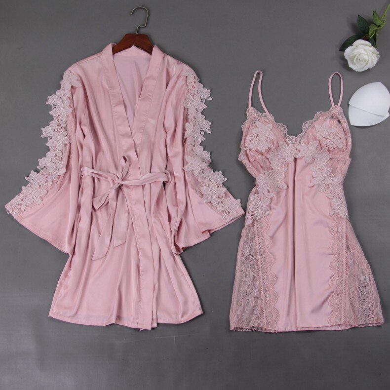 Perspective Floral Lace Robe Set 2PCS Summer Satin... – Grandado