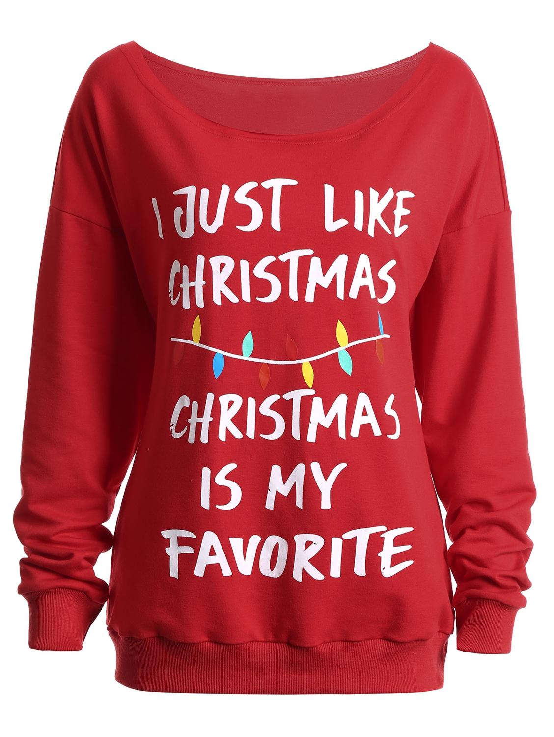 Christmas Slogan Letters Print Skew Neck Sweatshir... – Grandado