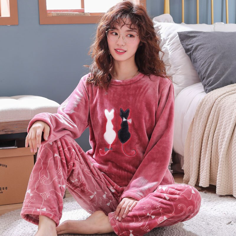 Two Piece Set Korean Flannel Pajamas Winter Warm C... – Grandado