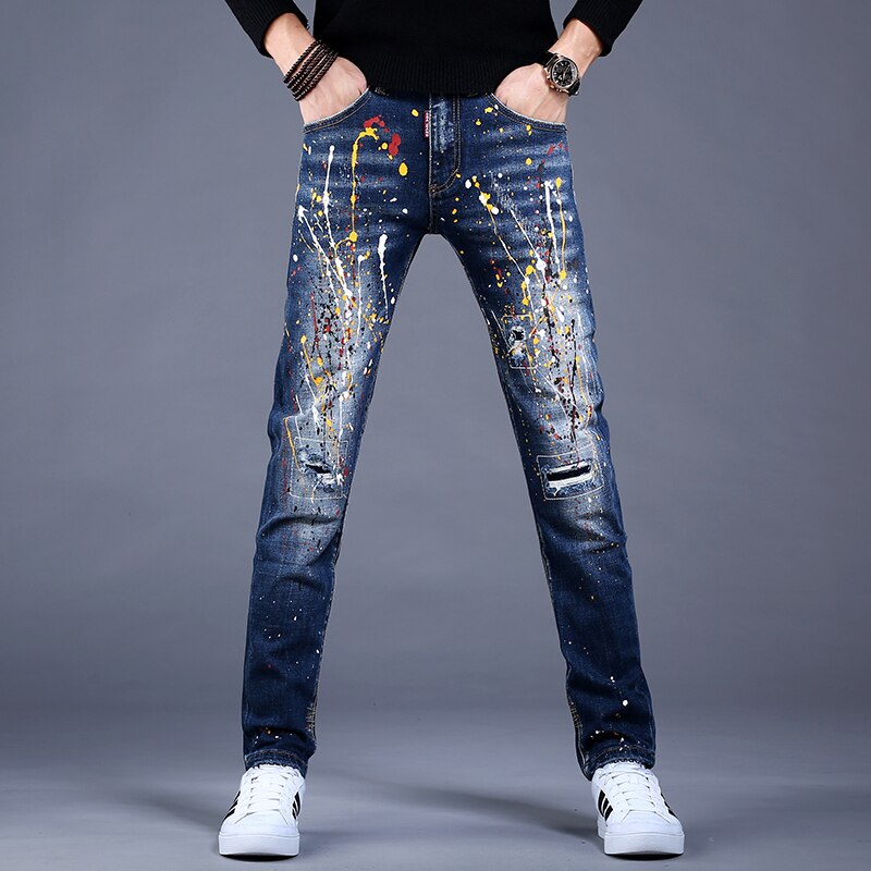 Streetwear Mode Mannen Jeans Retro Donkerblauw Ela... – Grandado