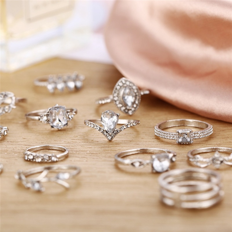 15 Pieces\set Zircon Crystal Stainless Steel Ring ... – Grandado