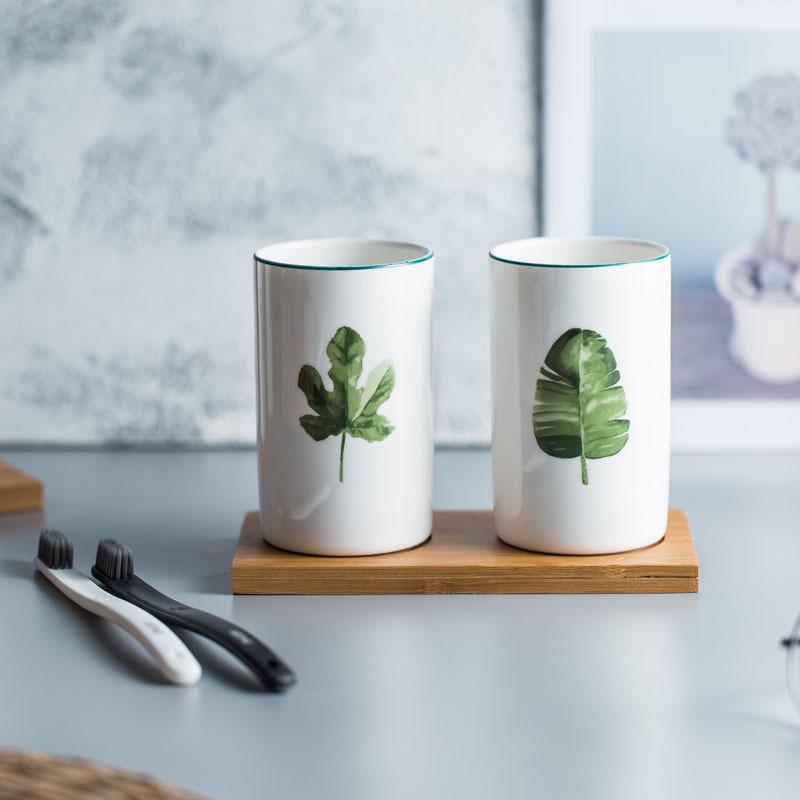 Green Pattern Ceramic Toothbrush Cup Set Nordic Si... – Grandado
