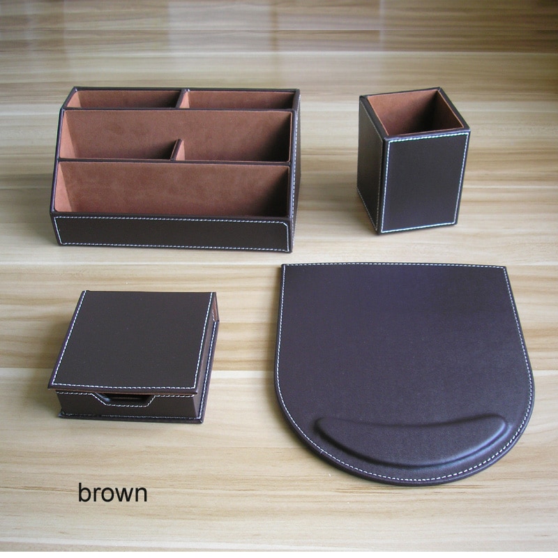 4PCS/set PU leather wood office desk organizer sta... – Grandado