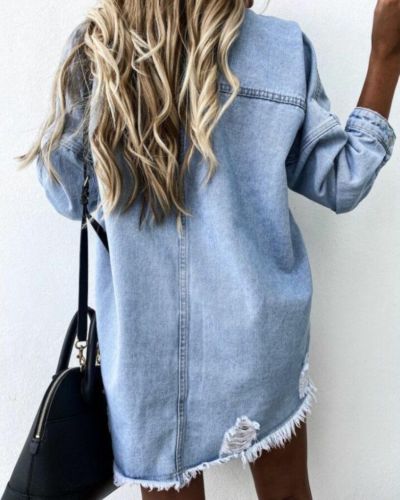 Women Denim Button Shirt Vintage Jean Ripped Hole ... – Grandado