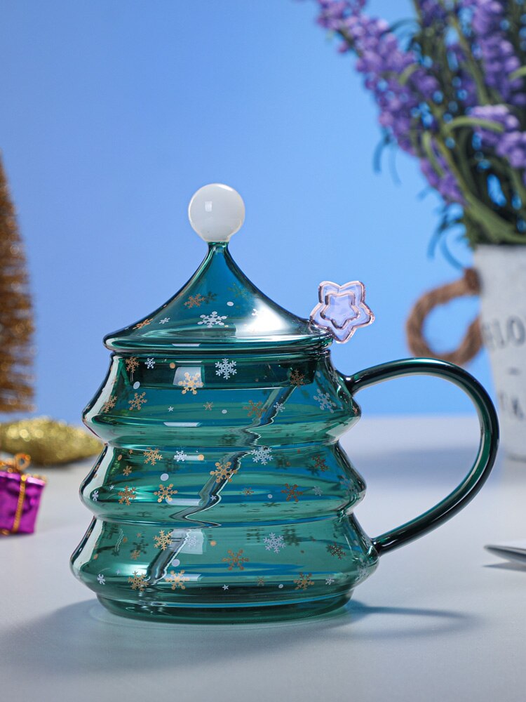Christmas Tree Glass Cup Cute With Spoon Lid Coffe... – Grandado