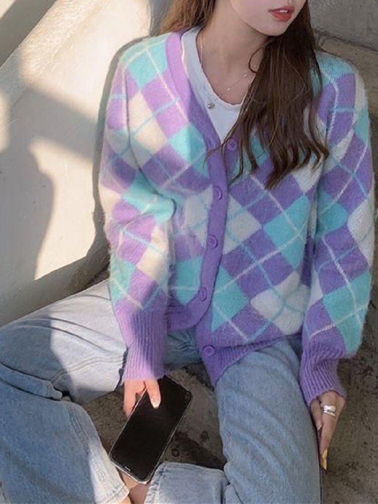 Deeptown Japanese Style Argyle Sweater Cardigan Sw... – Grandado